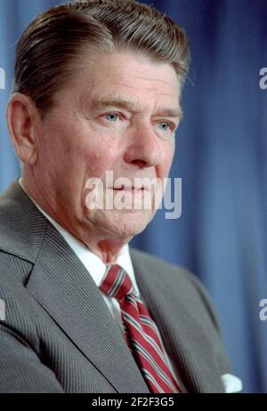 President Ronald Reagan taking questions at his 37th press conference ...