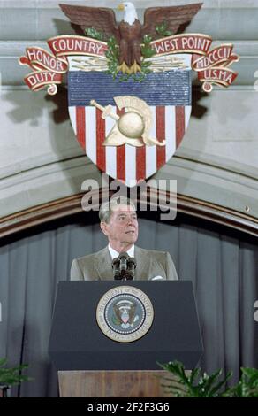President Ronald Reagan speaking at a podium during his final press ...