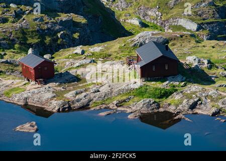 Munkebu huts Aerial view on Summer day from Munken peak on Lofoten ...