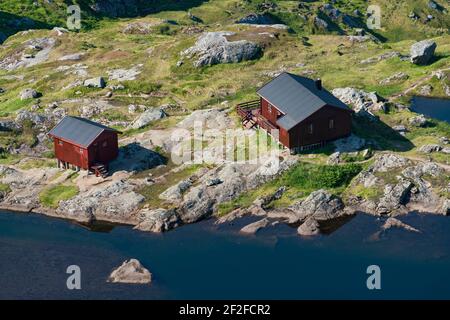 Munkebu huts Aerial view on Summer day from Munken peak on Lofoten ...