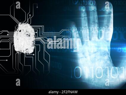 Human hand print over biometric scanner against data processing on blue ...