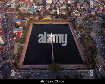 An aerial view of the Dharahara Tower in the center of Sundhara in ...