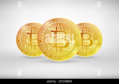 Golden bitcoin crypto currency icons with shadows isolated on white ...