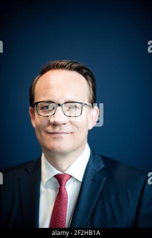 Markus Krebber, CEO of RWE AG, stands in front of the floating LNG ...