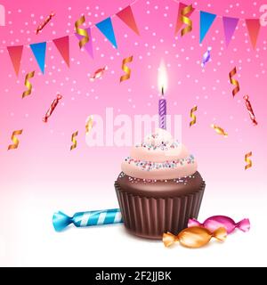 Cupcake with icing and confetti isolated on white background. Cake in ...
