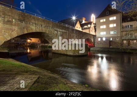 Saale bridge, Franconian Saale, Scherenburg ruin, illuminated, blue ...