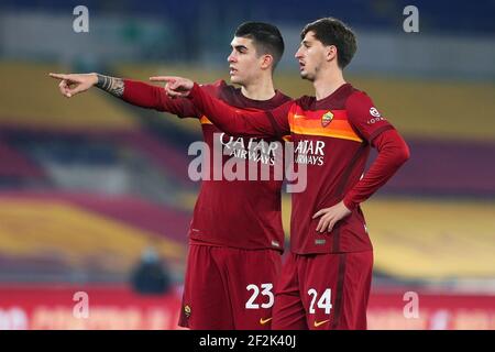 Gianluca Mancini (L) and Marash Kumbulla (R) of Roma gestures during ...