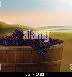 Vector wooden vat of red grapes for wine in valley isolated on ...