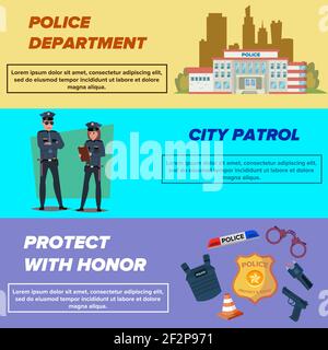 Police web banner templates set. Surveillance camera, walkie talkie ...