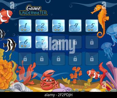 Underwater ocean game interface, cartoon sea GUI elements, vector UI ...