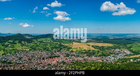 Panorama from Hohenneuffen Castle to the town of Neuffen, Swabian Alb ...