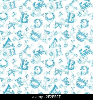 Hand drawn blue alphabet written with brush pen. Capital letters Stock ...