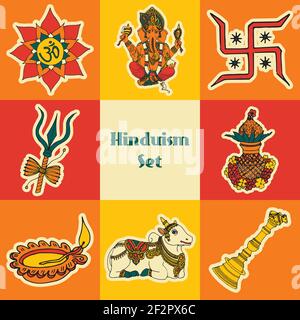 Set of hand-drawn Hinduism symbols. Various religious historical ...