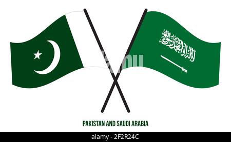 Pakistan and Saudi Arabia flags waving together in the wind on blue ...