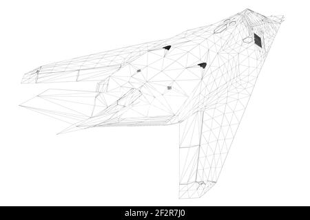 Combat fighter jet wireframe from black lines isolated on white background. Side view. 3D ...