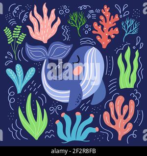 Blue whale with coral in the sea Cute cartoon background seamless ...