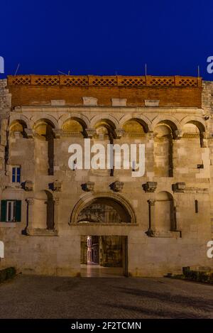 Night view of the golden gate of Diocletian palace in Split, Croatia ...