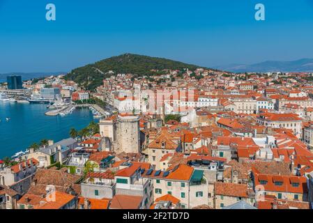 Aerial view of Marjan hill overlooking old town of Split in Croatia ...