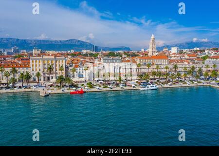 Aerial view of cityscape of Croatian city Split behind Riva promenade ...