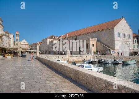 Arsenal in Hvar with cathedral of Saint Stephan in background, Croatia ...