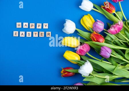 Tulip flowers bouquet. Easter greeting card template. With space for ...