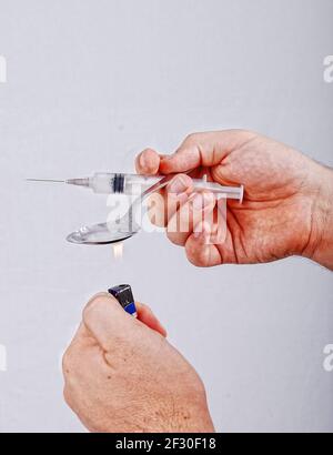 Drugs addict activities and some used tools Stock Photo - Alamy