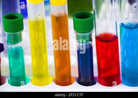 A closeup of colorful liquid chemical elements and a SARS blood test on ...