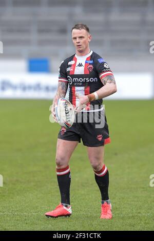 Eccles, UK. 14th Mar, 2021. Sam Powell (9) of Wigan Warriors scores a ...