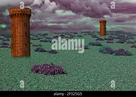 Shown here is a fantasy image of an alien watchtower on a strange ...