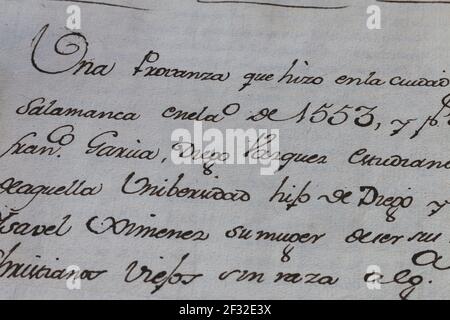 Detail of a 16th century manuscript written in Old Spanish Stock Photo ...