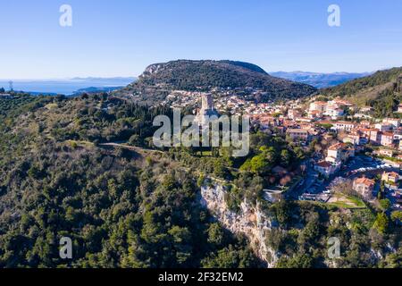 Aerial view of the Tropaeum Alpium monument, an ancient Roman monument ...