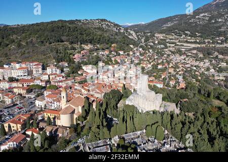 Aerial view of the Tropaeum Alpium monument, an ancient Roman monument ...