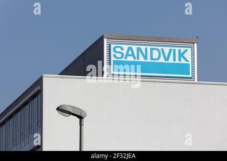 Logo Sandvik Tooling at the German headquarters in Duesseldorf, Swedish ...