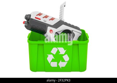 Recycling trashcan with gun, 3D rendering isolated on white background ...