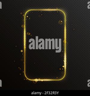 Gold glowing rectangular shape frame isolated on dark transparent background. Shiny frame with ...