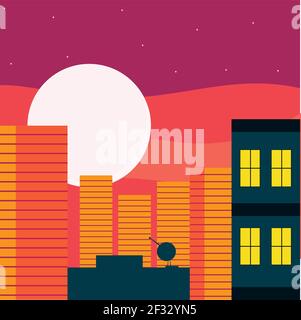 Sunset in city vector illustration. Cartoon evening dark panorama ...