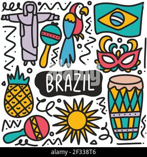 Brazil map hand drawn sketch. Vector concept illustration flag, childrens drawing, scribble map ...