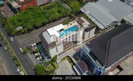 Aerial footage of a rooftop swimming pool. Luxury hotel Atanaya. The ...
