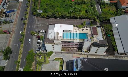 Aerial footage of a rooftop swimming pool. Luxury hotel Atanaya. The ...