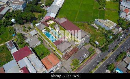 Aerial footage of a rooftop swimming pool. Luxury hotel Atanaya. The ...