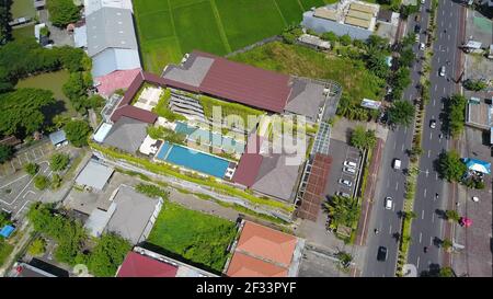 Aerial footage of a rooftop swimming pool. Luxury hotel Atanaya. The ...