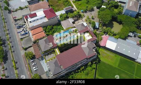 Aerial footage of a rooftop swimming pool. Luxury hotel Atanaya. The ...