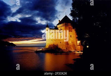 Medieval Chillon Castle is on an island castle on Lake Geneva ...