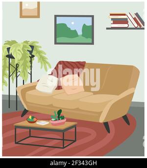 Comfortable and home couch with table in living room Stock Vector Image ...