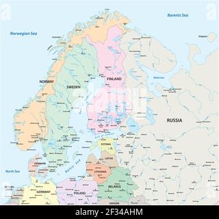 Vector map of Northern Europe with the most important cities and bodies ...