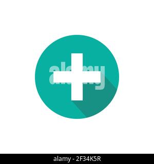 white cross with shadow in turquoise circle. Flat vector icon isolated ...