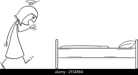 Sleepy Tired Person Is Going to Sleep in Bed , Vector Cartoon Stick ...