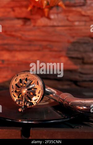 Close up of gramophone vinyl record playing music at night club Stock ...