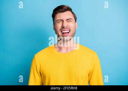 Portrait of cheerful nice person beaming smile arms show flex biceps ...
