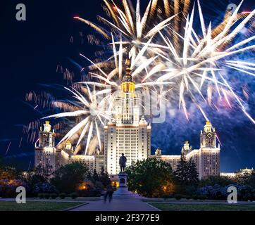 Fireworks over the Lomonosov Moscow State University on Sparrow Hills ...